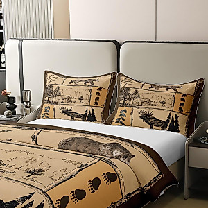 jejeloiu Bear Bedding 100% Cotton Set Rustic Farmhouse Cabin Moose Duvet Cover 100% Cotton Retro Wildlife Cover for Children Bedroom Decor Vintage Bear Paw Duvet Set King Size Zipper with Pillow Case