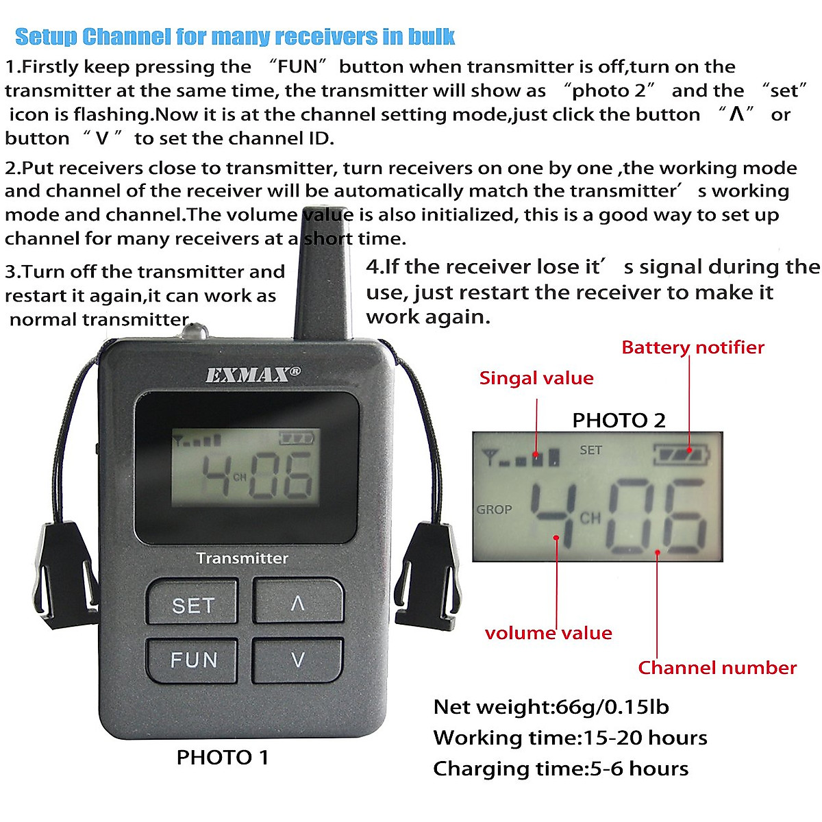 EXMAX ELGT-470 UHF Wireless Tour Guide Acoustic Audio Voice Transmission System 100 Channels for Private Speech Social Distancing Training Meeting Travel 1 Transmitter 10 Receivers Black Storage Case