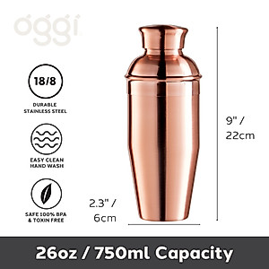 OGGI Classic Cocktail Shaker Copper - 26 oz, Stainless Steel Construction, Built in Strainer - Ideal Home Bar Drink Mixer, Bartender Kit, Essential Bar Accessories