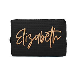 WEDDINGSTAR Women's Customizable Cotton Waffle Makeup Bag - Script Font Black