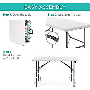 New Home Era Folding Table - Foldable Heavy Duty Plastic Table for Indoor & Outdoor Parties, Picnic, Camping, Wedding, BBQ Catering, Garden Dining - Fold-in-Half Portable Utility Table - White - 4ft