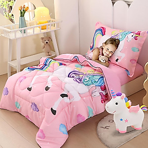 Wowelife Unicorn Toddler Bedding Set for Girls, Rainbow 4 Piece Toddler Bed Sheets Sets Pink Toddler Comforter Set Kids Bag in A Bag with Comforter, Flat Sheet, Fitted Sheet and Pillowcase, Pink