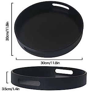 3.5 cm Deep Solid Wood Serving Tray, Round with Handle Hole Non-Slip Tea Coffee Snack Plate Food Meals Serving Tray with Raised Edges for Home Kitchen Restaurant(11.8 inch, Black)
