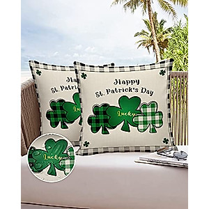 Outdoor Pillows 18x18 Waterproof Outdoor Pillow Covers, St. Patrick's Day Clovers Lucky Polyester Throw Pillow Covers Garden Cushion Decorative Case for Patio Couch Decoration Set of 2, Buffalo Plaid