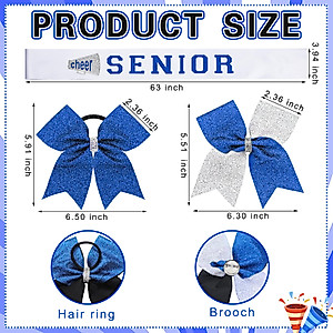 Yinkin 12 Set Senior Sash 2025 Senior Cheer Sashes with Glitter Cheer Hair Bows and Bow Pins Competition Sash Graduation Senior Sash Gifts for Cheerleader Sports Team Supplies(White, Blue, Silver)