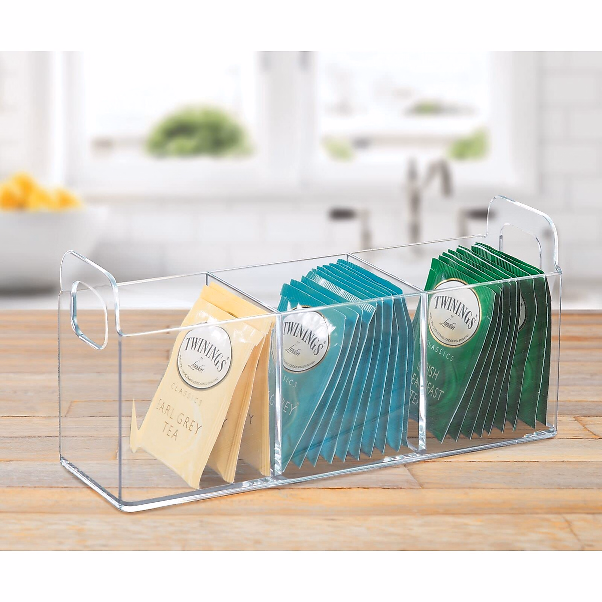 mDesign Plastic Condiment Organizer and Tea Bag Holder - 9" Long Kitchen Pantry/Countertop Storage Caddy - Divided Chip, Snack, Granola, Oatmeal Packet Holder - Lumiere Collection - 2 Pack - Clear