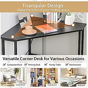 Tangkula Corner Desk with Power Outlet & USB Ports, Triangle Computer Desk with Charging Station, Storage Shelf, Space Saving Writing Desk, Vanity Table, Corner Desk for Small Space (Black)