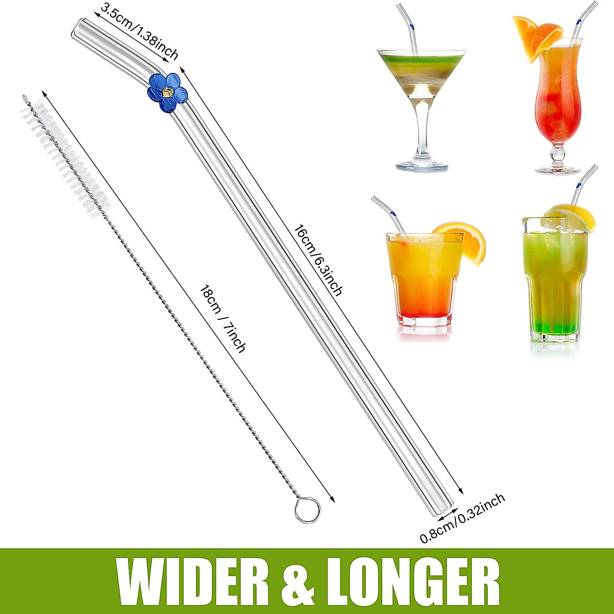 Reusable Glass Straw Shatter Resistant, Clear Glass Straws with Flowers, Cute Glass Straws for Smoothies and Normal Liquid Drinks, 6 Bent Straw with 2 Cleaner Brush