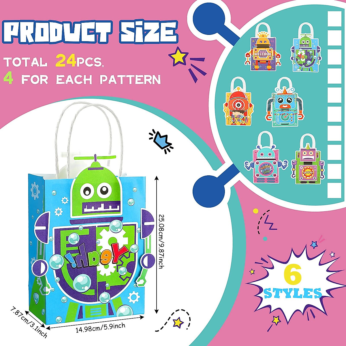 24 Pcs Robot Party Supplies Candy Gift Bags, Robot Goodie Gift Treat Bags, Kids Candy Treat Bags with Handle for Robot Themed Birthday Party Decorations Supplies