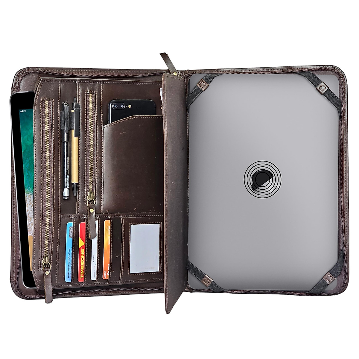 Handmade Genuine Leather Business Portfolio by Jaald | Professional Organizer Men & Women | Durable Leather Padfolio with Sleeves for documents & Notepad Compatible with Ipad pro 12.9"