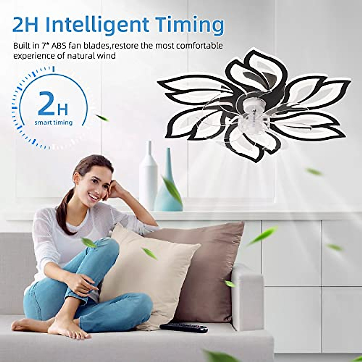 OLUZO 25.6'' Black Modern Ceiling Fan with Light, Low Profile Ceiling Fans with Lights and Remote/APP,Flush Mount Ceiling Fan,6 Wind Speed,3 Color Light,Ceiling Fan Light for Bedroom/Living/Office