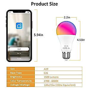 Smart Light Bulb, 15W (150W Equivalent) 1500Lumen Smart Alexa Light Bulb, E26 A19 Ultra Bright Led Color Changing Bulb, 2.4 GHz WiFi Light Bulb Compatiable with Alexa, Google (No Hub Required)