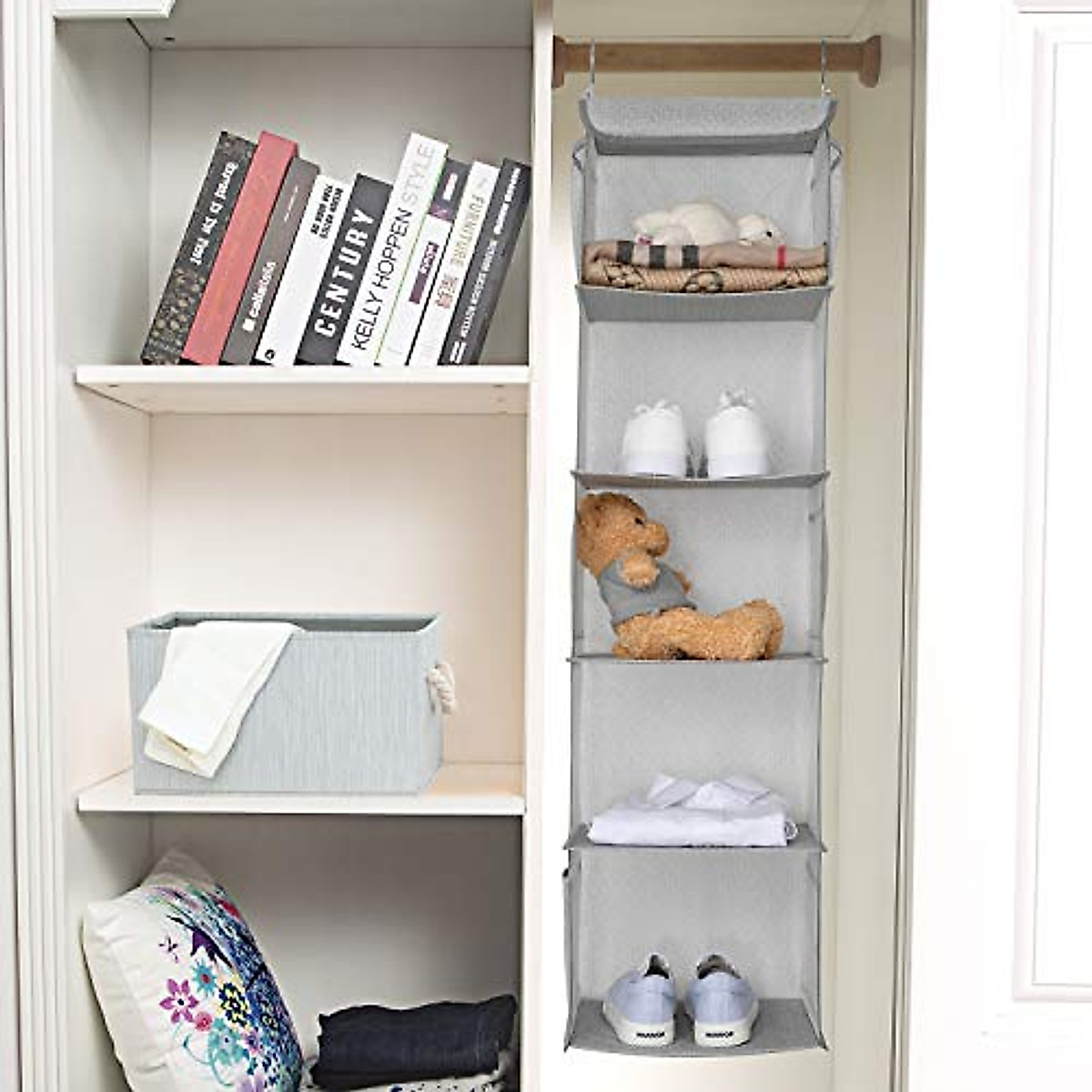 BrilliantJo 5 Shelves Hanging Closet Organizer, 2 Pack Hanging Storage with 6 Side Pockets for Clothes Bags, 43"x12"x12"(Light Gray)