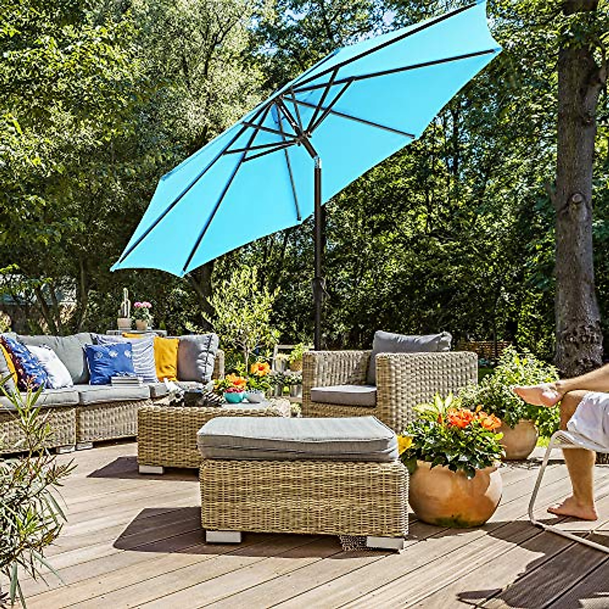 SONGMICS 7.5 ft Outdoor Umbrella, 8 Ribs, UPF 50+, Tilt and Crank, Base Not Included, for Deck, Patio, Garden, Pool, Lake Blue