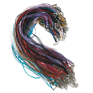 Beadthoven 100 Strands Multi-Strand Ribbon Necklace Cord with 3 Loops Waxed Cord Organza Ribbon Alloy Lobster Claw Clasps Chains for Necklace Making 17.7" Solid Mixed Color