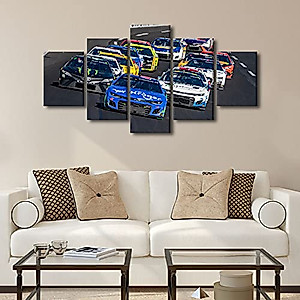 5 Piece Canvas Wall Art Nascar Wall Decoration Atlanta Motor Speedway in Hampton Pictures Posters House Wall Decoration Giclee Wooden Framed Gallery-Wrapped Ready to Hang, 60" Wx32 H