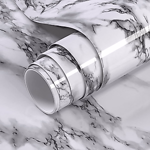 VOLEAAR Glossy Black and White Marble Contact Paper 35 x 196 Inches Peel and Stick Wallpaper Vinyl Film Self Adhesive Removable Waterproof Wall Paper for Cabinet Countertop Kitchen Bathroom