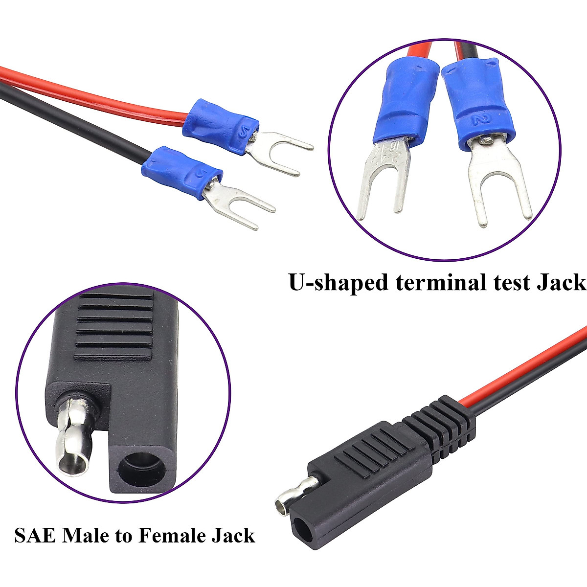 AAOTOKK (2Pack SAE to Fork Ring Terminals Plug Cable U Type Terminal to SAE Power Automotive Solar Panel Charging Cable18AWG 2 Pin Quick Connect/Disconnect Jack SAE Connector(30cm/U Ring)