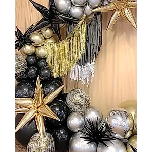Enanal New Year Decoration, 2024 New Year Eve Black and Gold Foil Fringe Backdrop,Happy New Year Banner,Disco Ball Champagne Exploding Star Foil Balloons,Latex Balloons and Glasses