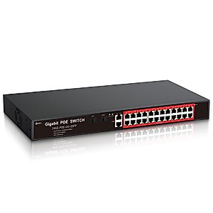 STEAMEMO 24 Port Gigabit Ethernet PoE Switch 24 PoE Ports@360W, 2 Uplink Gigabit Ports and 2 SFP Slots, Metal Casing, Fanless, Plug and Play, Overload Protection w/ Port