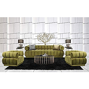 Iconic Home Quebec Sofa Velvet Upholstered Vertical Channel-Quilted Shelter Arm Tufted Design Modern Contemporary, Green