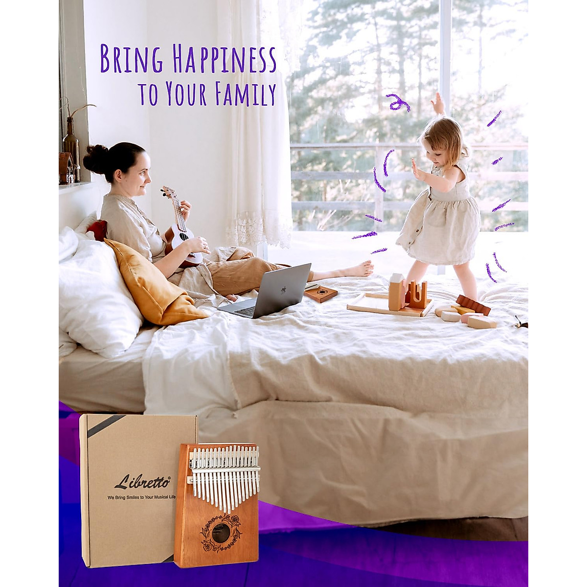 Libretto Kalimba Solid Wood Thumb Piano 17 Keys, Portable Mbira Finger Piano with Tune Hammer, Flannel Bag, Manual, Cleaning Cloth, Finger Covers, and Stickers, Great Gift for Kids and Adult Beginners