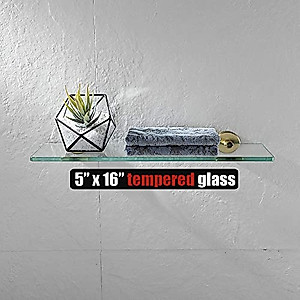 JQK Bathroom Glass Shelf Gold, Tempered Glass Shower Storage 16 by 5 inches, 304 Stainless Steel Brushed Gold Wall Mount, TGS101-BG