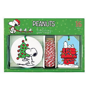 Graphique Peanuts™ Classic House Holiday Gift Tag Boxed Set | 16 Tags with Hanging Twine | 2 Unique Christmas Designs with Glitter Accents | Gift Boxes and Bags