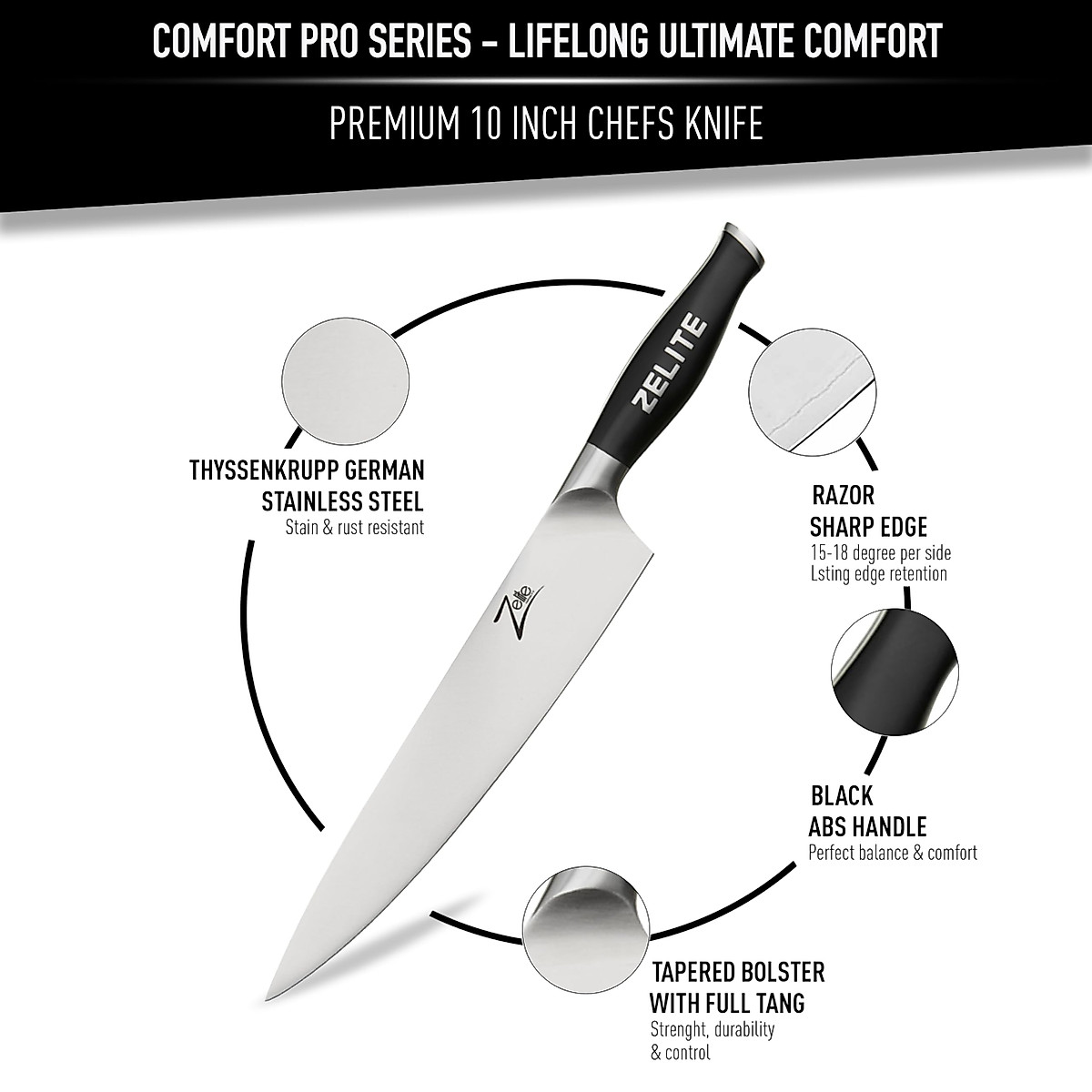 Zelite Infinity 10 Inch Chef Knife - German High Carbon Stainless Steel Chef's Knife for Kitchen; Razor Sharp Cutting Knife with Ergonomic Handle - Comes in Luxurious Gift Box