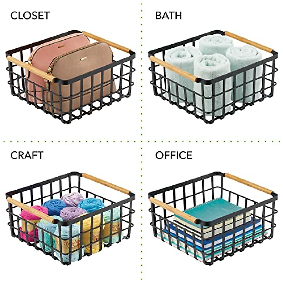 mDesign Metal Wire Storage Organizer Basket with Bamboo Wood Handles for Kitchen Pantry, Rustic Farmhouse Bin to Store Fruit, Coffee, Spices, Supplies, Yami Collection, 8 Pack, Matte Black/Natural/Tan