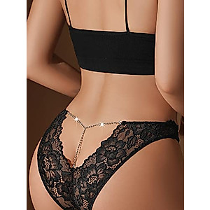SweatyRocks Women's Lingerie Floral Lace Sheer Mesh Cut Out Thong Panties Underwear Chain Black M