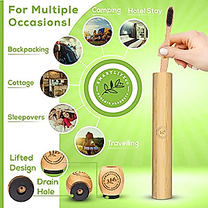 Bamboo Charcoal Toothbrush With Travel Case & Holder Kit - Extra Soft Natural Bristles For Sensitive Teeth | Eco Friendly Portable Wooden Travel Set | Organic Single Wood Toothbrushes Stand & Cover