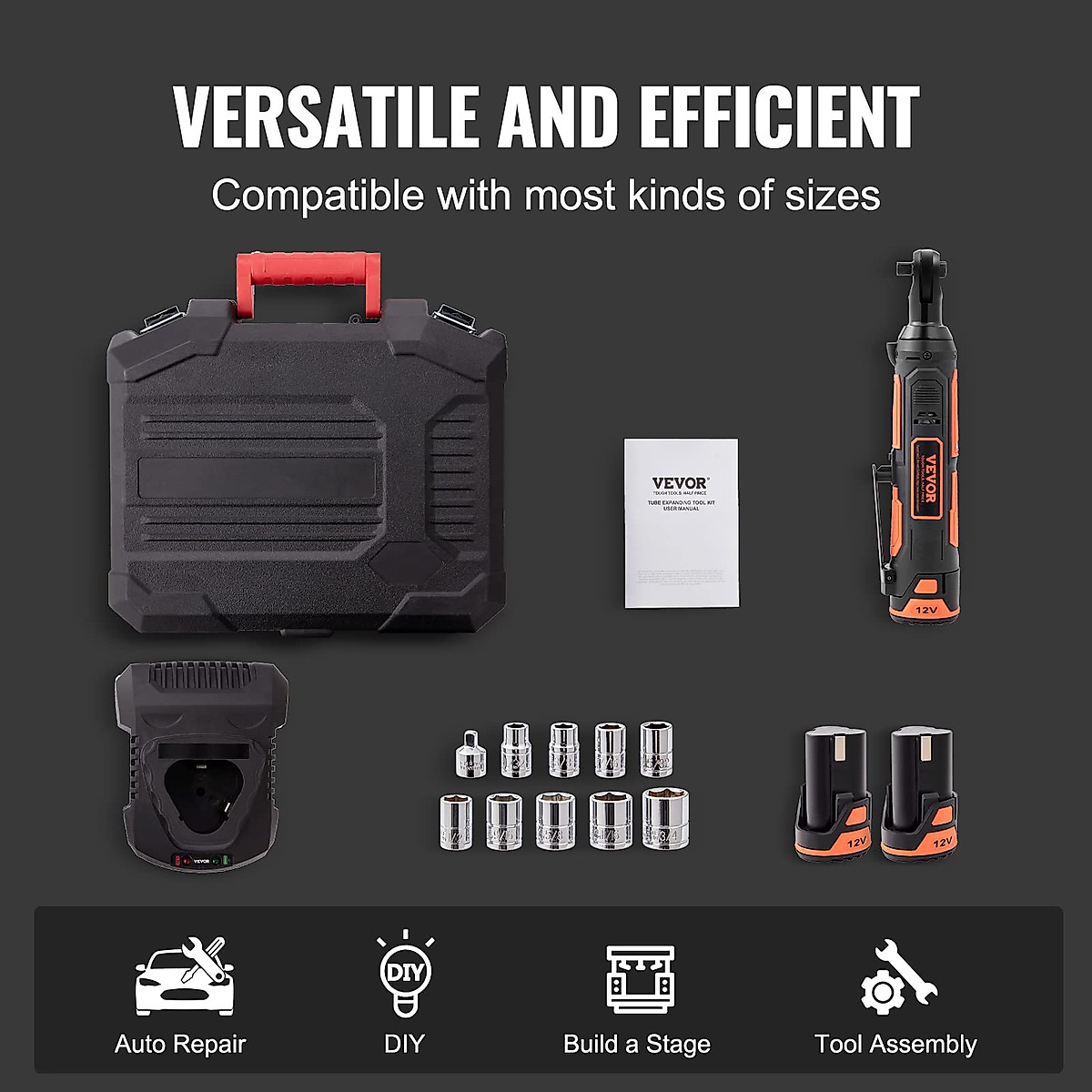 VEVOR 3/8" Cordless Electric Ratchet Wrench Set, 33 Ft-lbs 12V Power Ratchet Tool Kit with 45-Min Fast Charge, 2-Pack 2.0Ah Battery, Built-in LED Light, Variable Speed Trigger, 10 Sockets