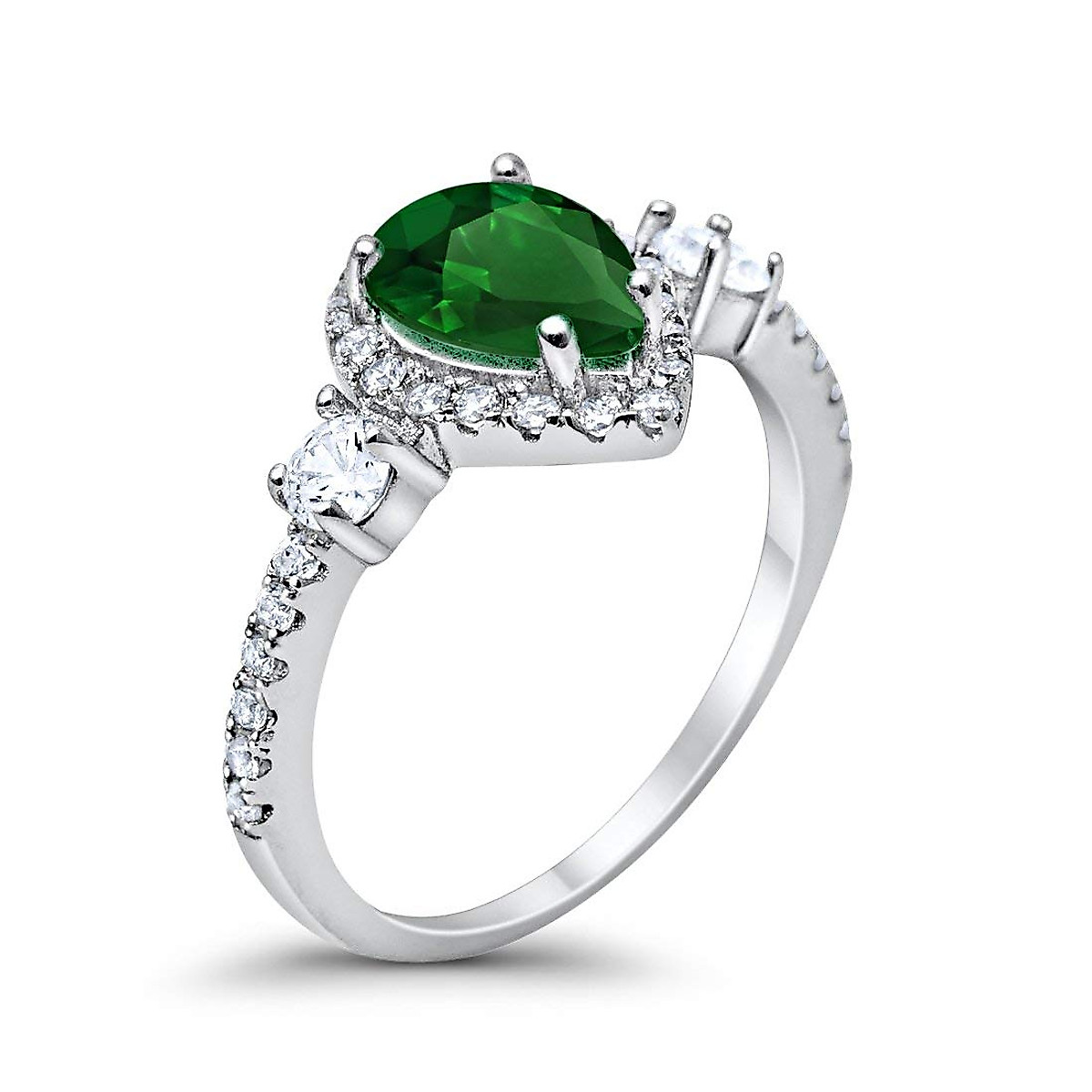 Blue Apple Co. Simulated Green Emerald CZ Size-11 Halo Teardrop Fashion Bridal Ring Pear Round Simulated Cubic Zirconia 925 Sterling Silver