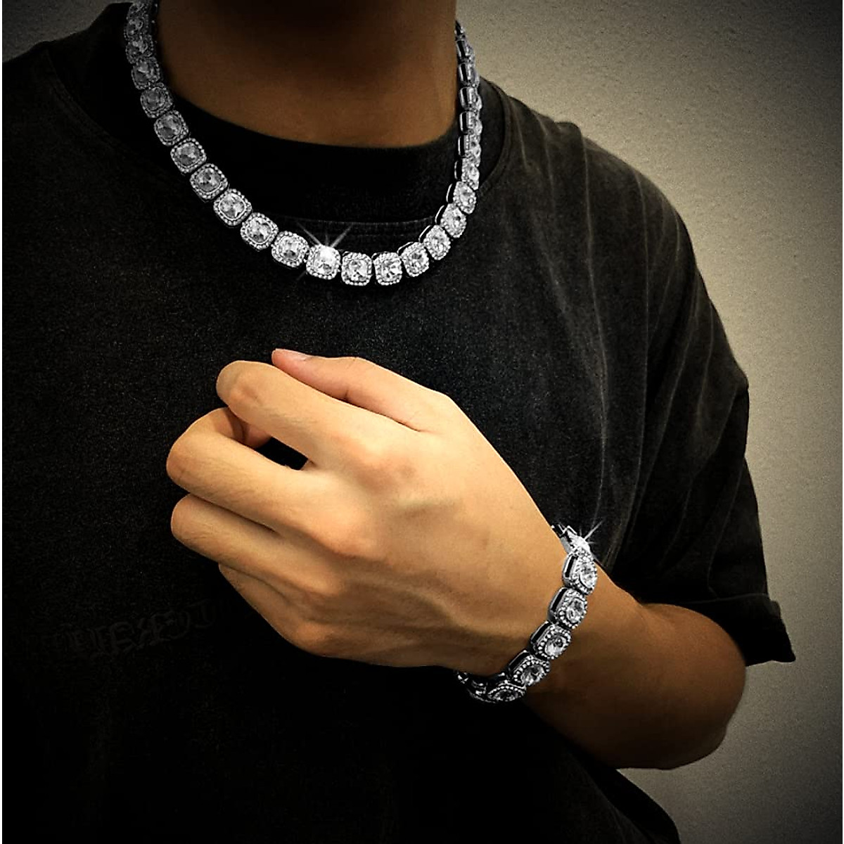 HH BLING EMPIRE Iced Out Chains for Men Silver and Gold Diamond Tennis Necklaces-Mens Hip Hop Baguette Tennis Chains (Cluster-Silver-18)