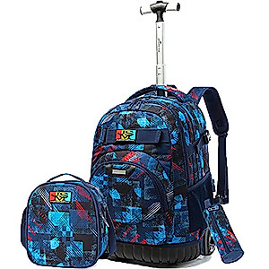 Egchescebo Kids 3PCS Rolling Backpack 18" for Boys with Lunch Bag Pencil Case School Bags Wheeled Backpack Travel Kids' Luggage Wheeled Bags Trolley Fashion Space Starry Sky Printed Durable Bookbag with Big Wheels Blue