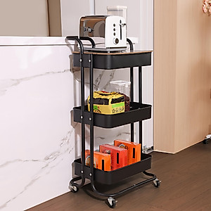 LING RONG 3-Tier Utility Rolling Metal Storage Cart,Heavy Duty Multifunction Cart with Lockable Wheels,Cover,4 Hooks 2 Storage Boxes for Kitchen Living Room Office Bathroom (U-Shaped Armrest, Black)