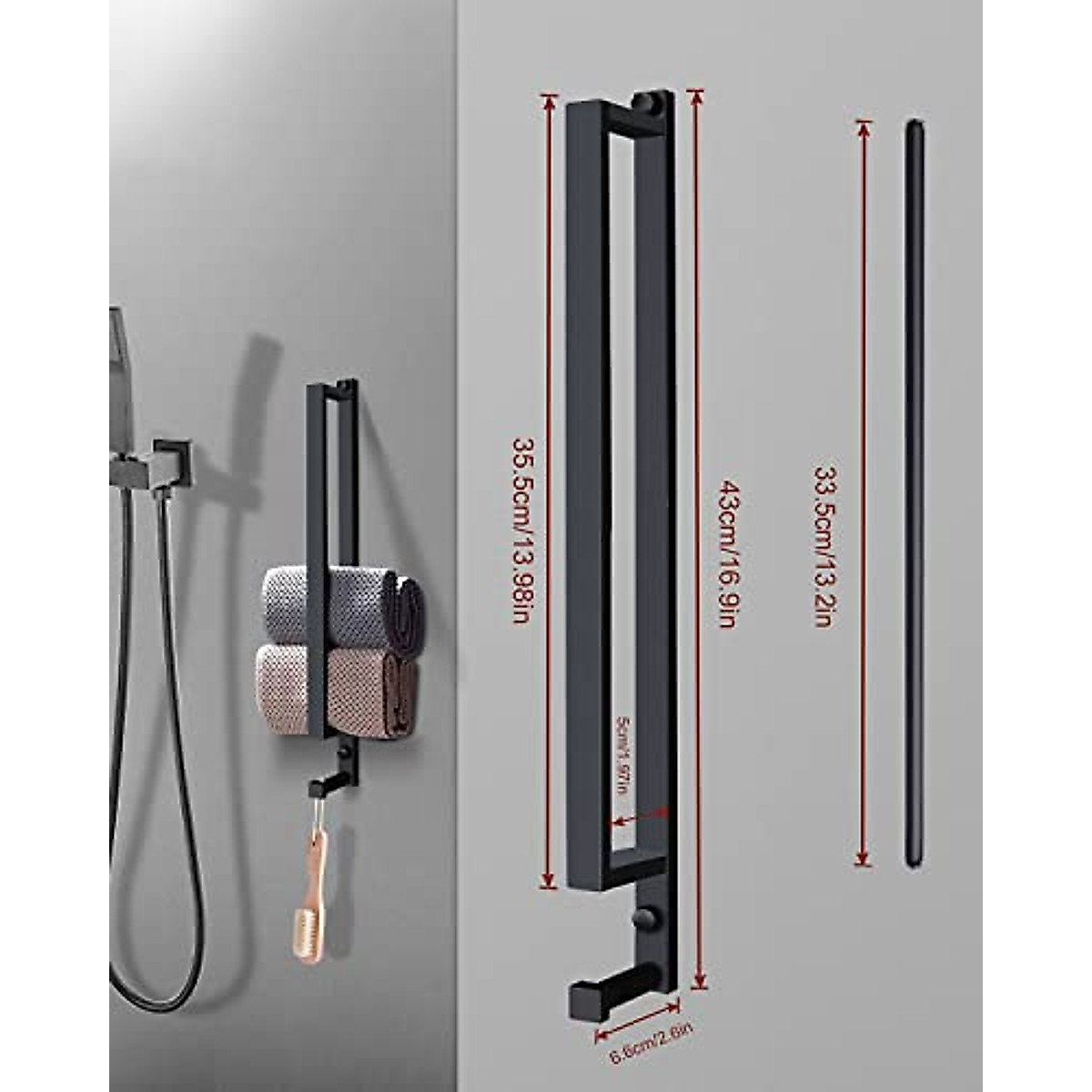 LIVEHITOP 2PCS Towel Rail, Wall Mounted Hand Towel Rack Bar with Rod Hook Aluminum Stainless Steel Matte Black 16.9 Inch for Bathroom Kitchen (Drilling/NO Drilling)