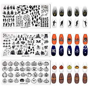 8 PCS Halloween Nail Art Stamping Plates Skull Ghost Bat Spider Witch Halloween Designs Nail Art Plates Templates Nail Stamping Plates 1 Stamper 1 Scraper Lace for DIY Printing Manicure Decoration