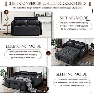 Velvet Pull Out Sleeper Sofa Bed with USB Ports, Convertible Futon Couch with Adjustable Backrest, 3 in 1 Modern Loveseat with 2 Pockets and Pillows, Small Love Seat for Living Room, Office, Black