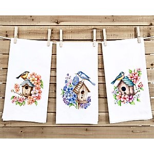 Set of 3 Birdhouse Tea Towels Cute Floral Watercolor Bird Flowers Hand Flour Sack Dish Towel Kitchen Decor Valentine's Birthday for Bird Lover