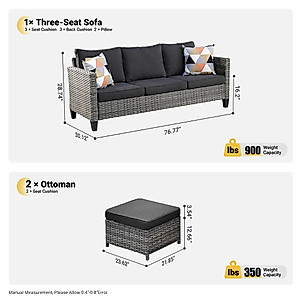 ovios 3 Pieces Patio Furniture Set Outdoor Sofa with Ottomans, Wicker Rattan Couch with Footrests Comfy Cushions, All Weather Sofas Couches for Porch Backyard Garden, Black