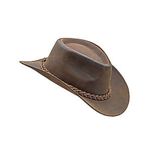 HADZAM Block Made of Grain Leather Cowboy hat for Men & Women Shapeable into Outback hat Great for Western Vintage Looks. Red Brown