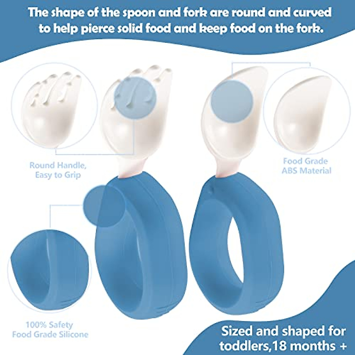 HIWOOD Baby Self Feeding Training Spoon and Fork Set with Travel Case, BPA-Free Cute Circle Toddler Training Utensils, Silicone/ABS Great Tableware Set Spoons Fork for Kids(Blue)