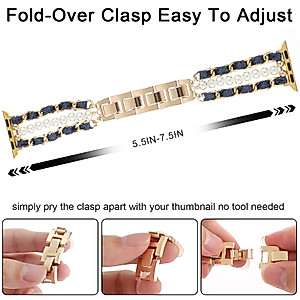 REALSIGN Pearl Beaded Bracelet Compatible with Apple Watch Band 42/44/45/46/49mm,Stylish Wristband Metal Cuban Chain Denim Cloth Cute Strap for iWatch Series 10 9 8 7 6 5 4 3 2 1 SE Ultra Women(42/44/45MM,Gold+Denim Blue)