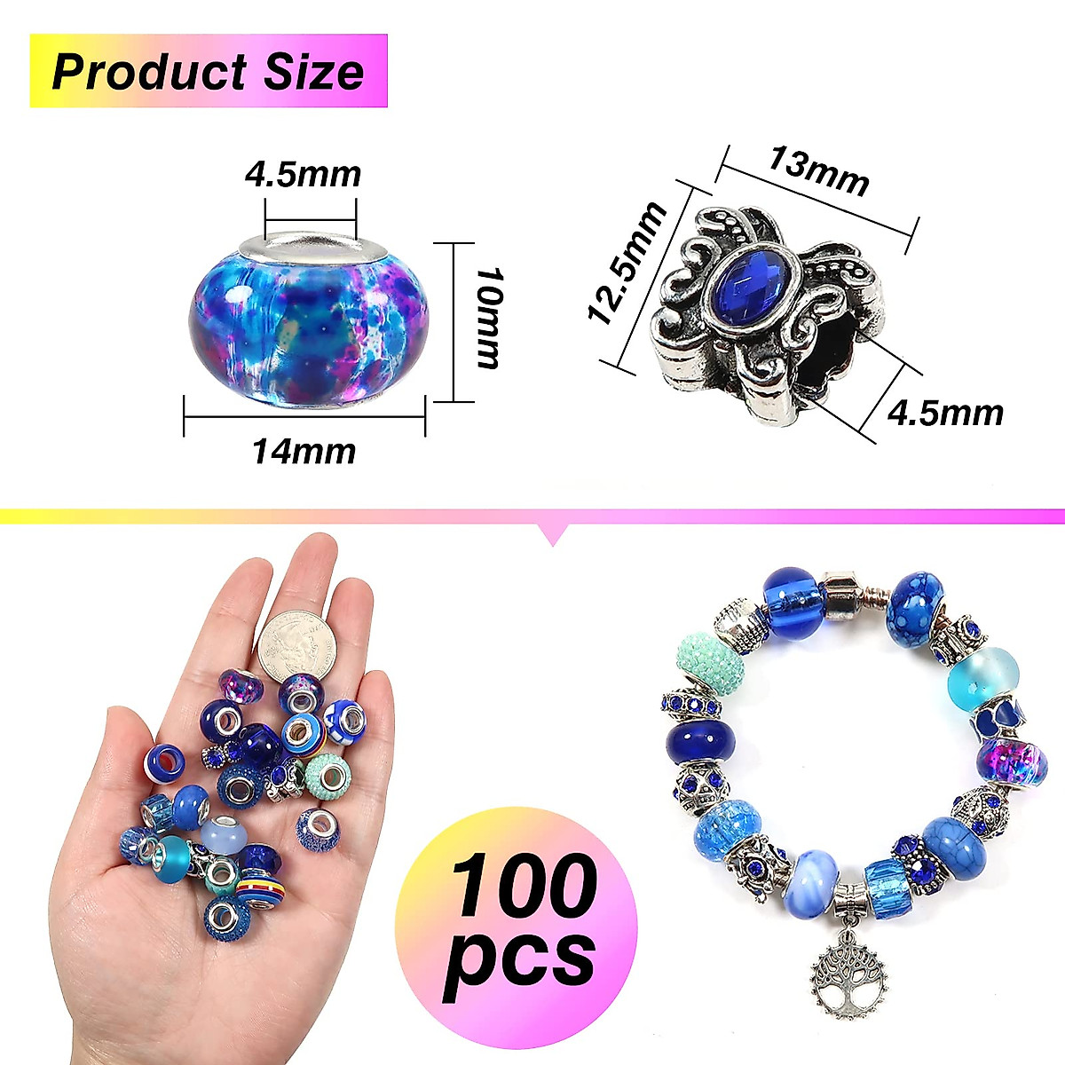 TOAOB 100pcs Assorted Glass European Large Holes Beads Spacer Lampwork Craft Beads Rhinestone Metal Beads for DIY Charms Bracelet Necklace Jewelry Making