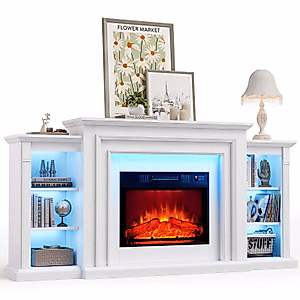72" LED Lights Electric Fireplace with Mantel, Fireplace TV Stand for TVs Up to 80",Modern Entertainment Center with Storage, Delicate Three-Dimensional Molding with Remote Control for Living Room