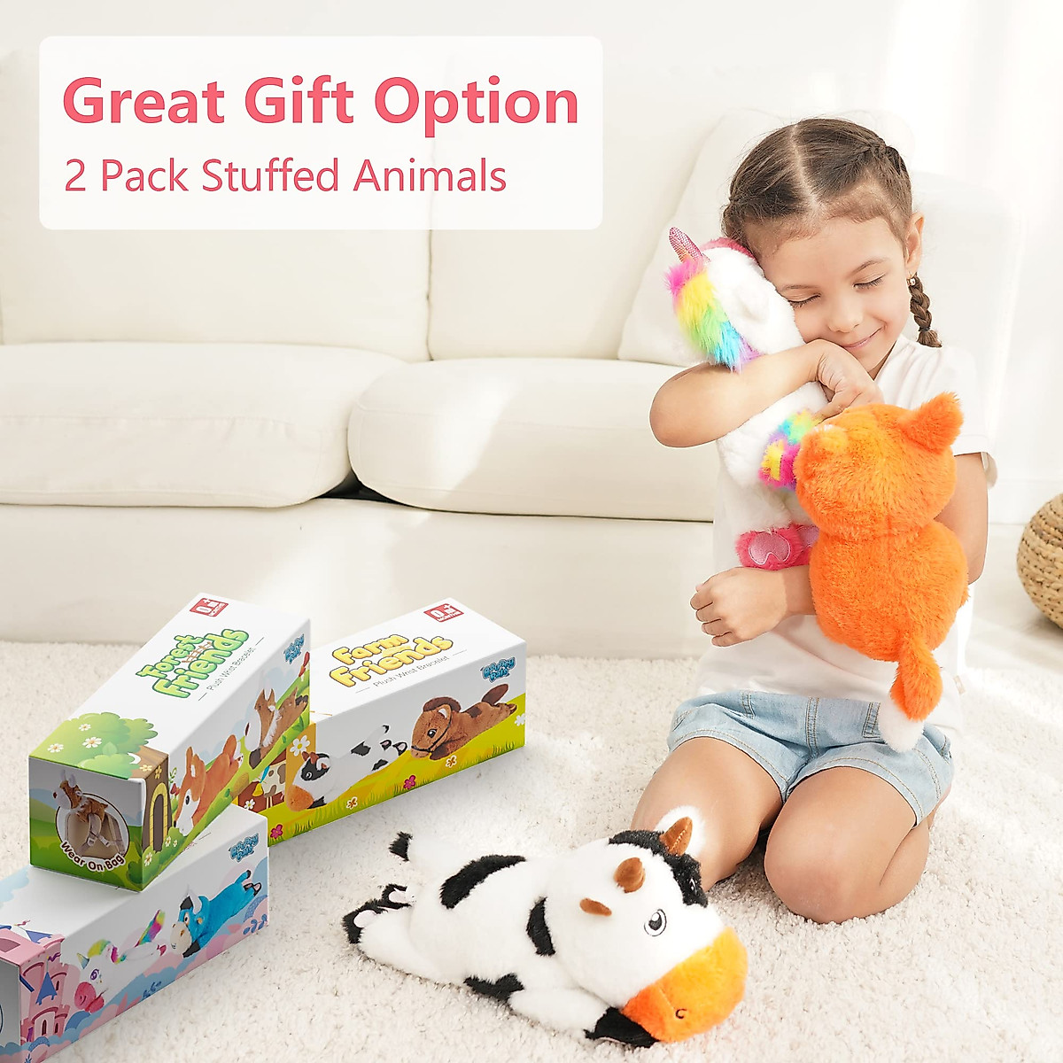 iPlay, iLearn Wrist Pals 2PCS Slaps Bracelets Stuffed Animals, Toddler Soft Plush Toy Baby Easter Basket Gift, Kids 12" Unicorn Bull Play Wristband, Birthday Party for 1 2 3 4 5 6 7 Year Old Girl Boy