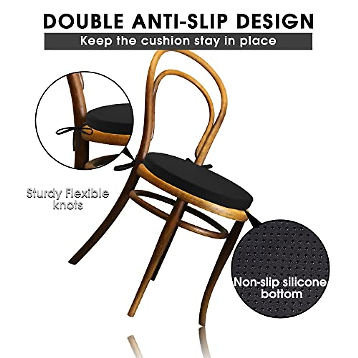 GUEGLSA Indoor Outdoor Round Chair Cushions 15 inch, Waterproof Bistro Seat Cushion with Ties，Non Slip Circle Stool Chair Pads Set of 2, Black