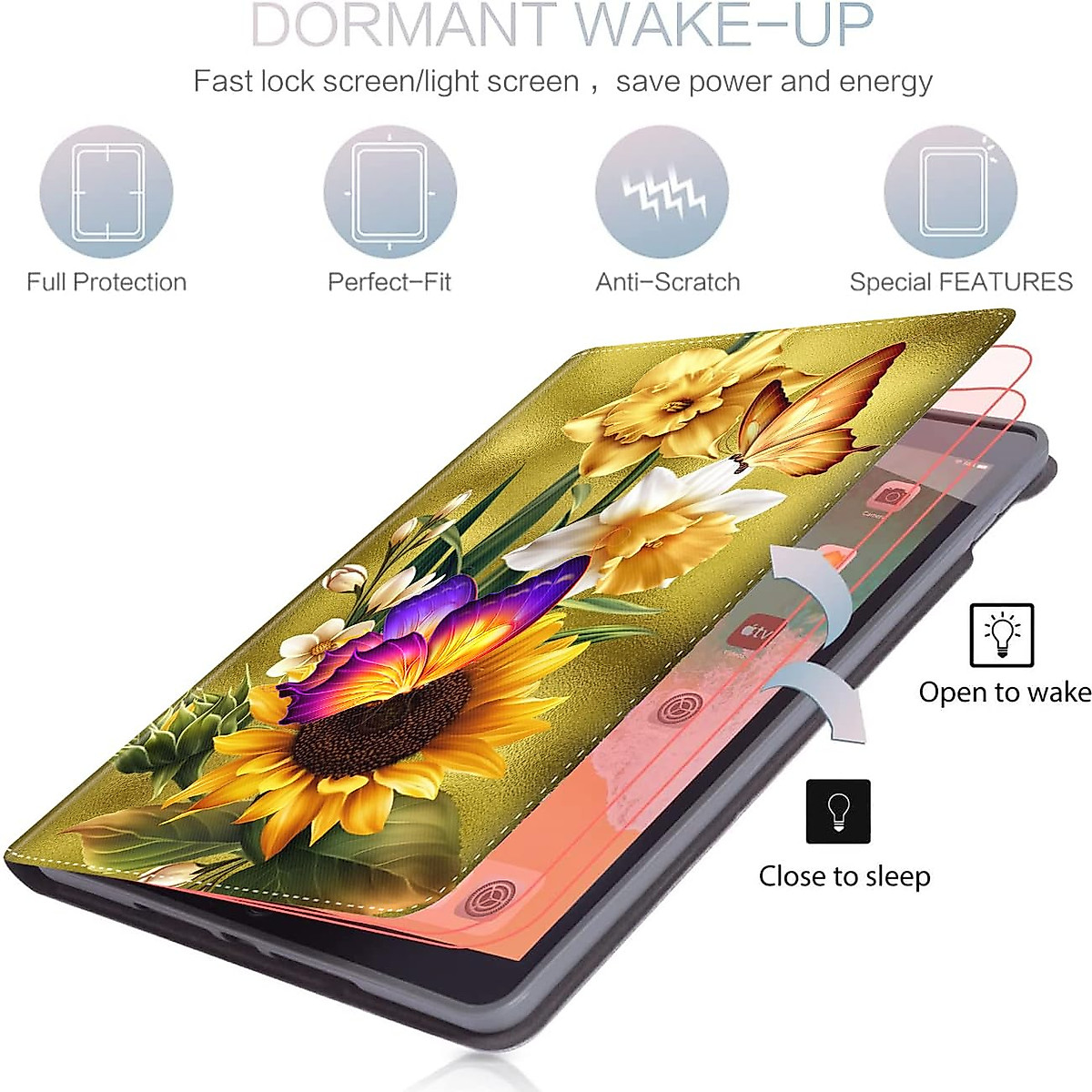 Case for Samsung Galaxy Tab A8 10.5 Inch 2022 Model (SM-X200/X205/X207), Galaxy Tab A8 10.5 inch Tablet Cover, Slim Folding Stand Cover with Auto Wake/Sleep, Sunflower Butterfly